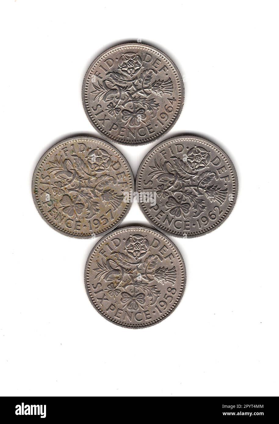 Queen Elizabeth II six pence vintage coins from Great Britain showing ...
