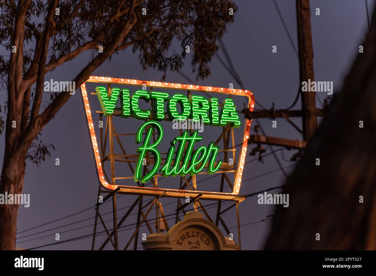 The iconic neon sign of the Elsternwick Hotel in the evening Stock ...