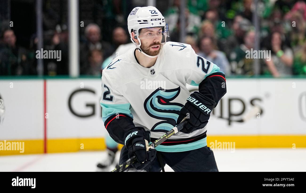 Seattle Kraken right wing Oliver Bjorkstrand follows play during Game 2 ...