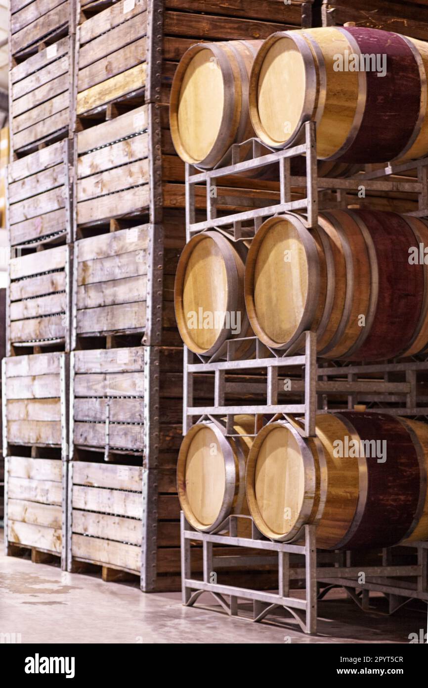 Wine, storage and oak barrels in a cellar for the production ...