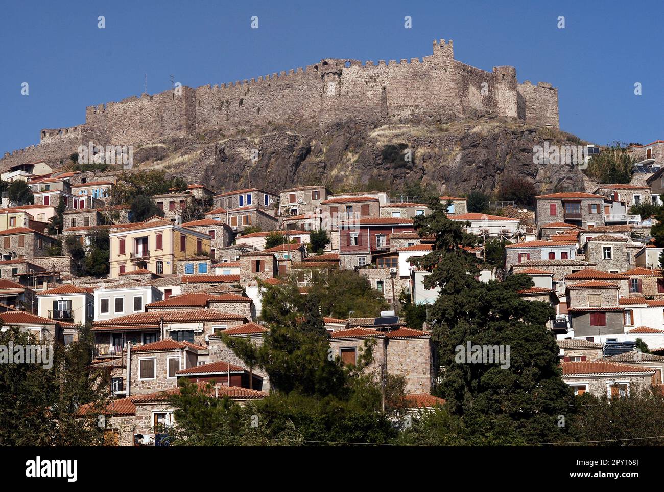 Greece, Northeastern Aegean, Lesvos island Molyvos town and castle ...