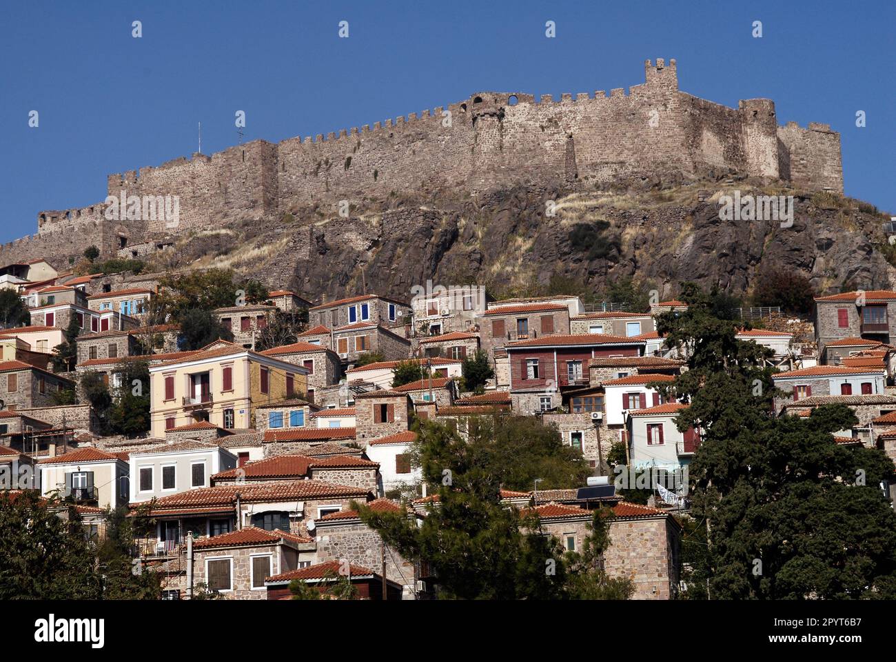 Greece, Northeastern Aegean, Lesvos island Molyvos town and castle ...