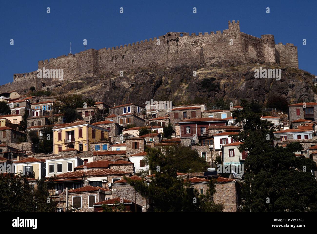 Greece, Northeastern Aegean, Lesvos island Molyvos town and castle ...