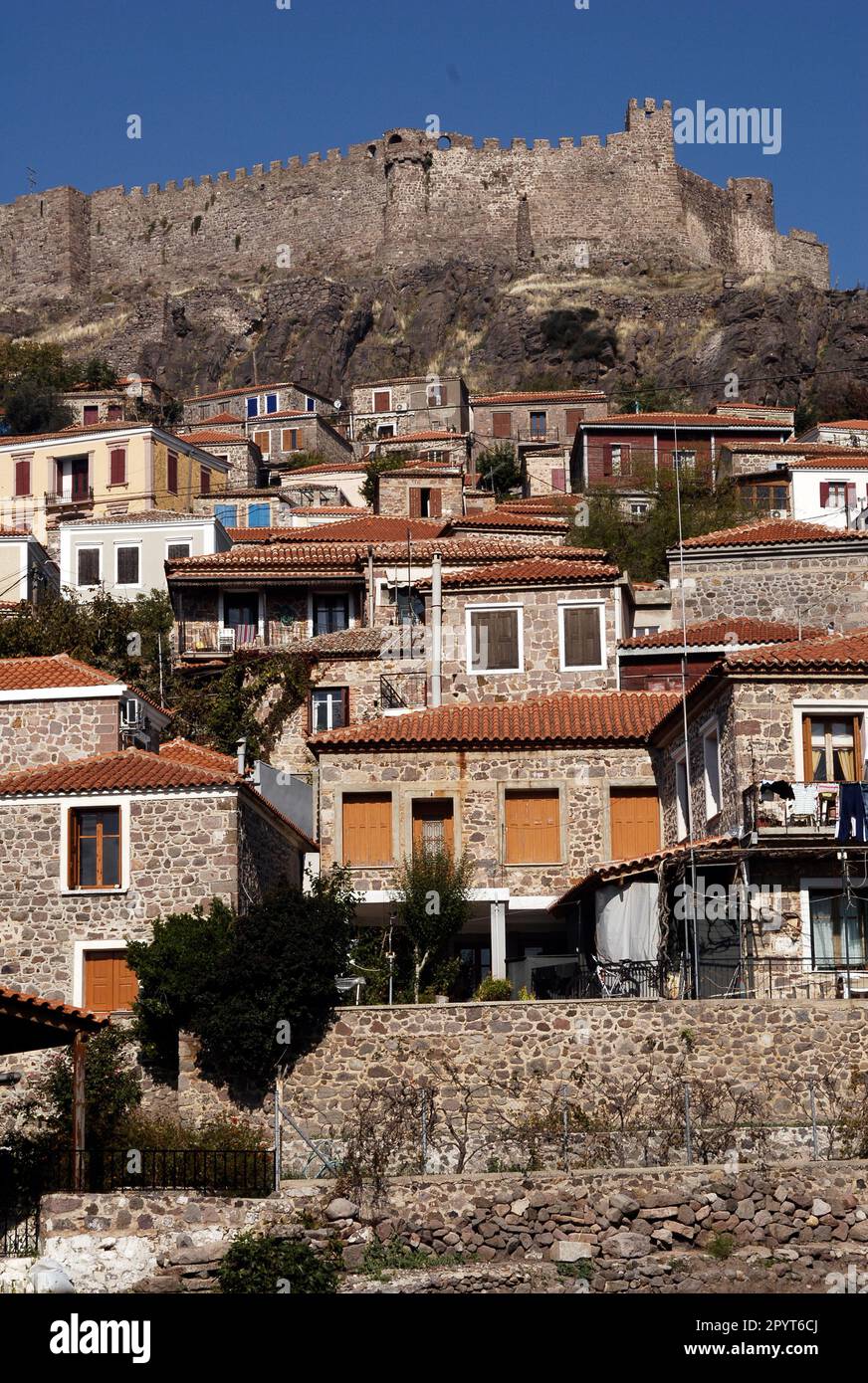 Greece, Northeastern Aegean, Lesvos island Molyvos town and castle ...