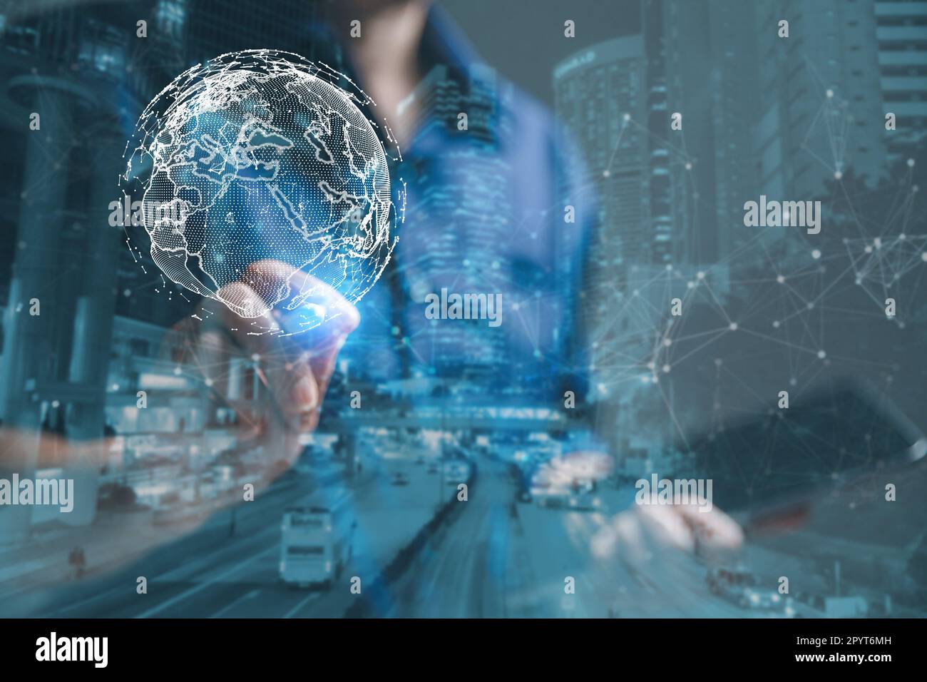 Big data analytics and business intelligence concept. Business person holding Global network ...