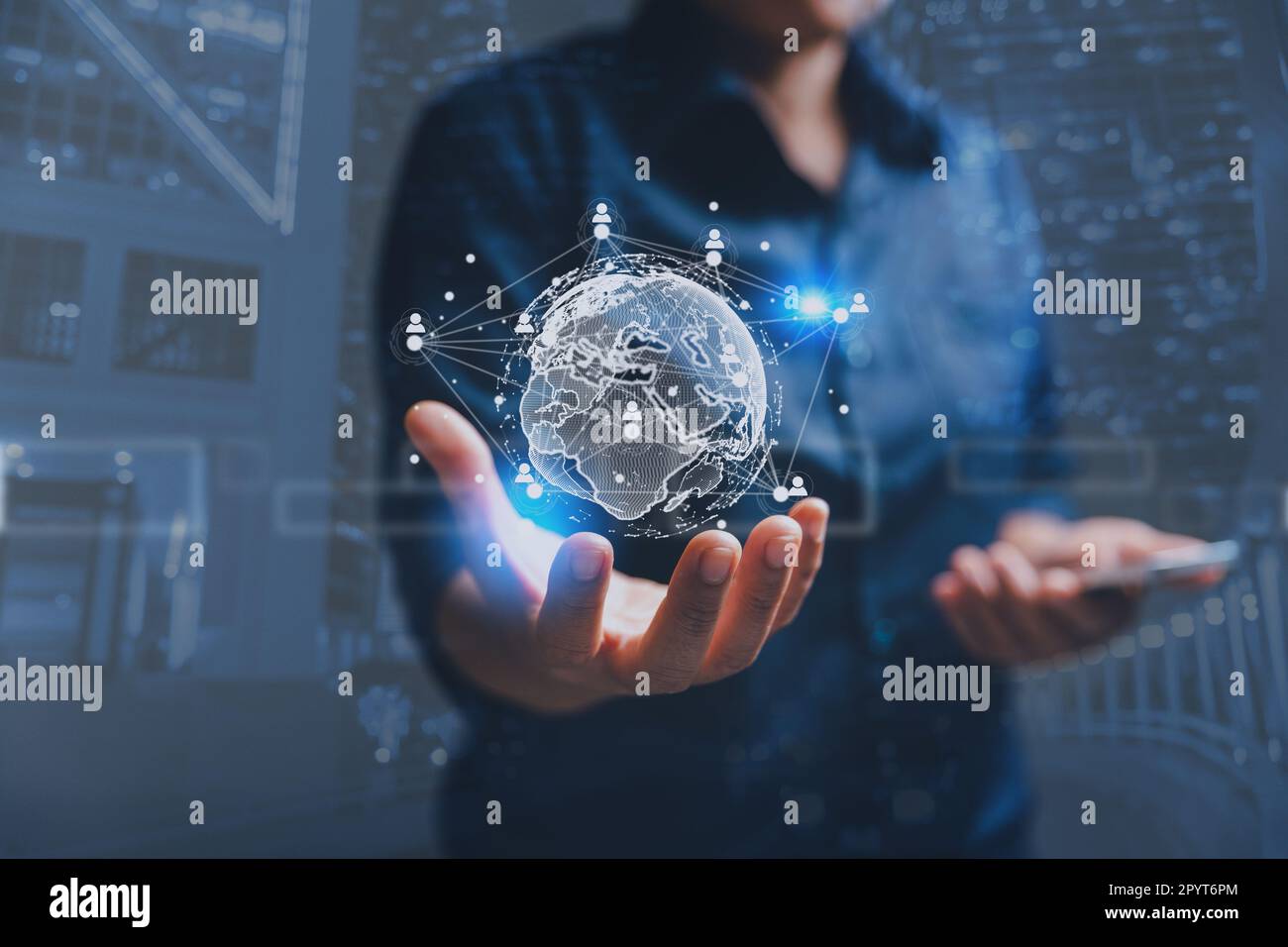 Big data analytics and business intelligence concept. Business person holding Global network ...