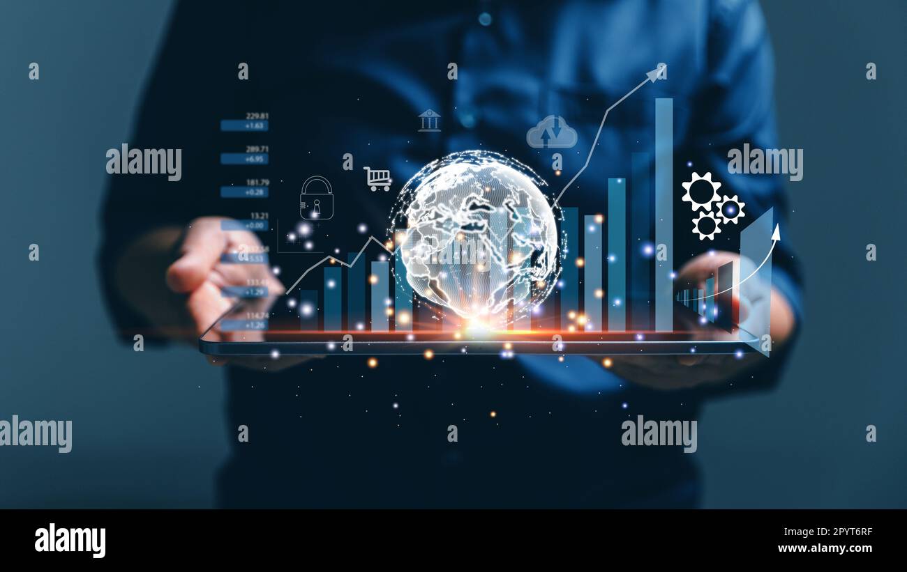 Big data analytics and business intelligence concept. Business person holding Global network ...