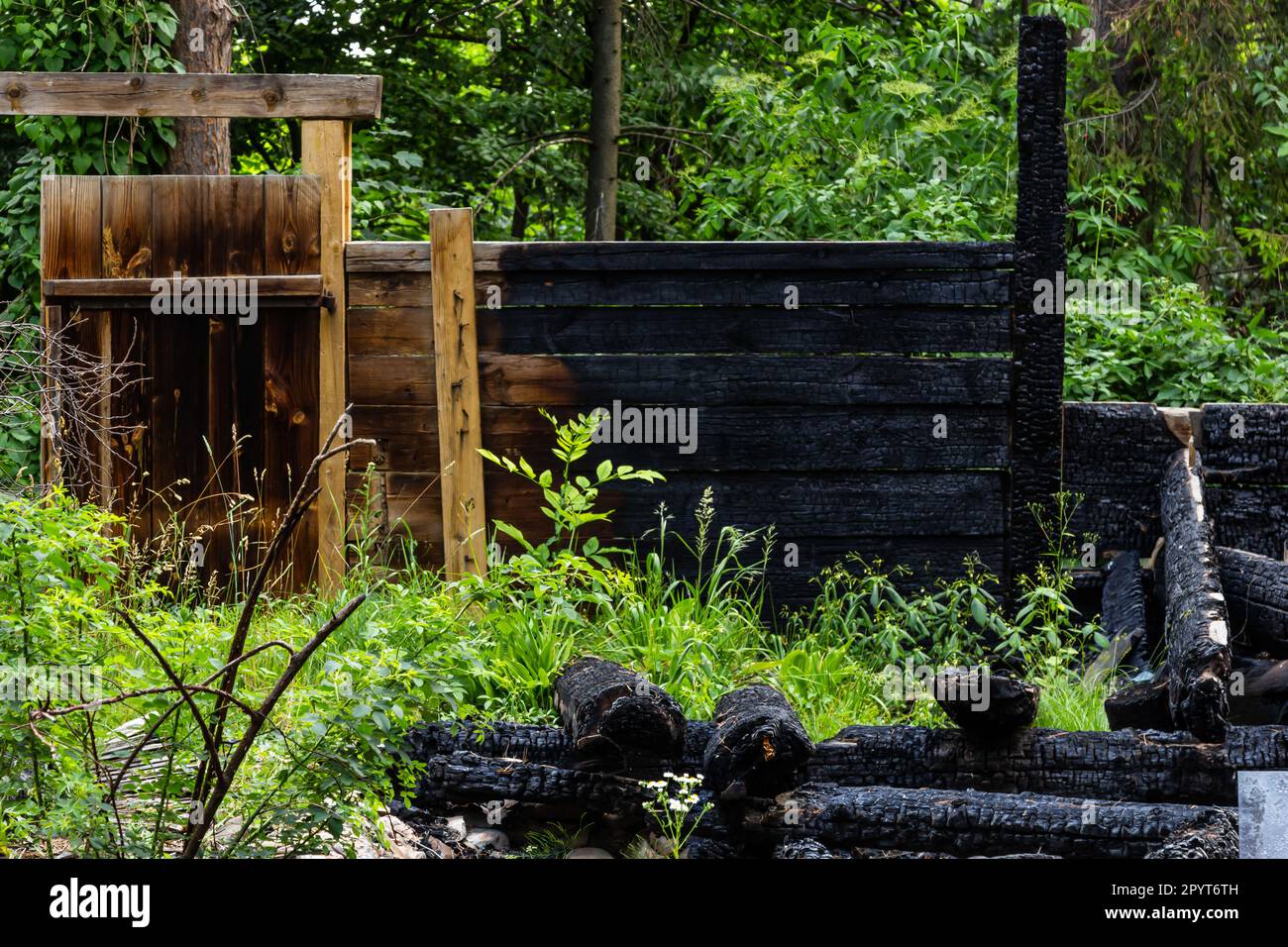 Destroyed by fire wooden house completely burned to the ground .ruins ...
