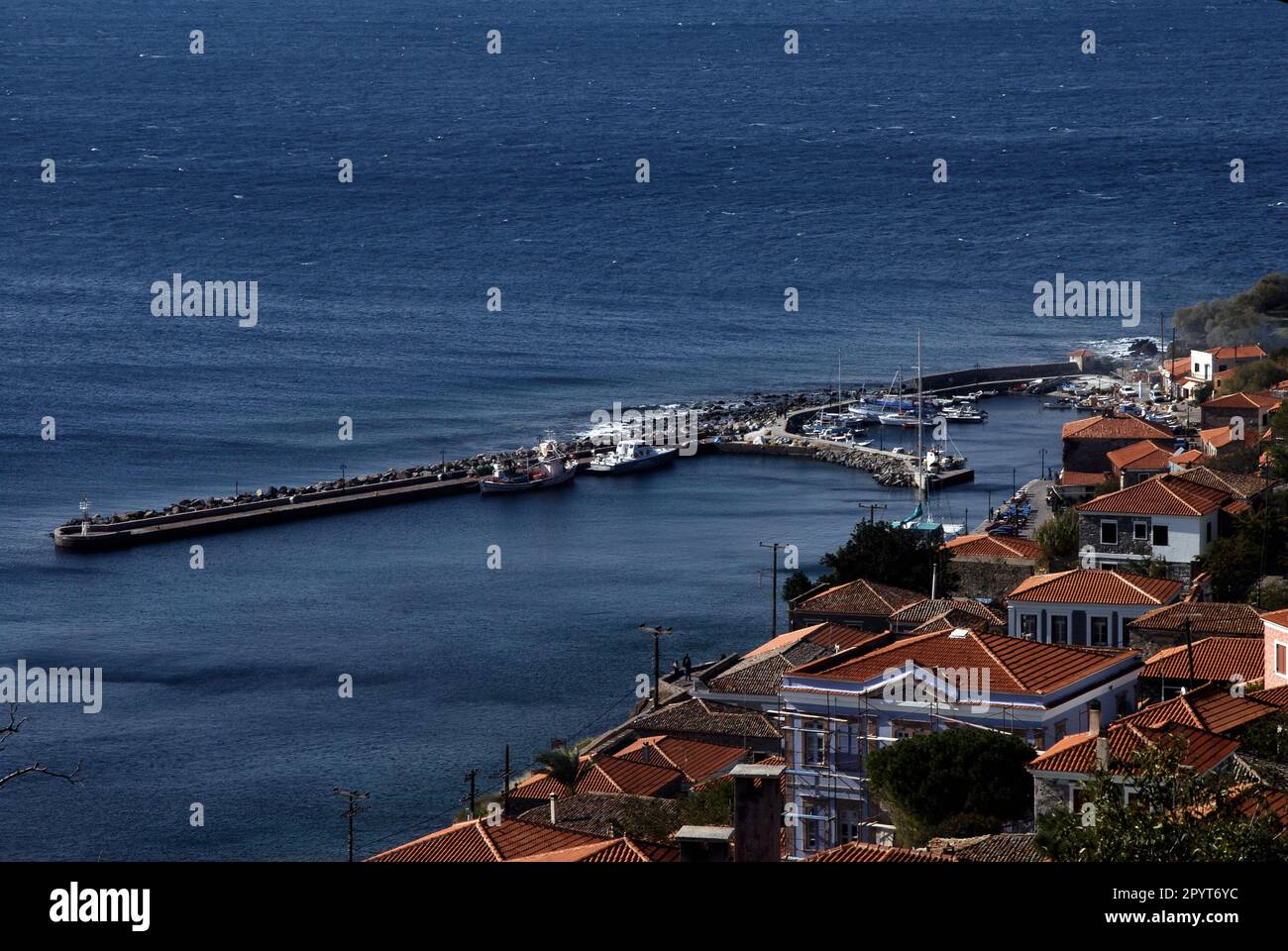 Greece, Northeastern Aegean, Lesvos island Molyvos town and castle ...