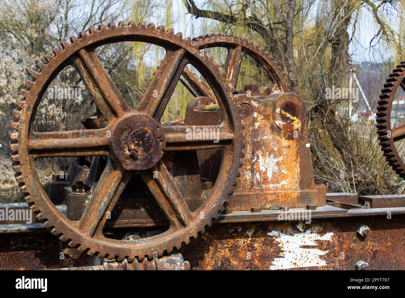 old mechanical metal gears mechanism on the abandoned dam Stock Photo ...