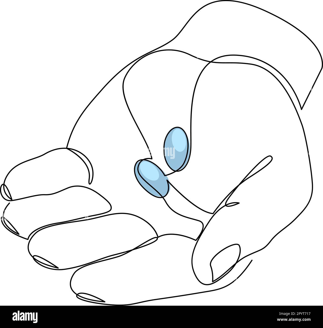 Continuous single line drawing of hand holding two blue pills, capsule ...
