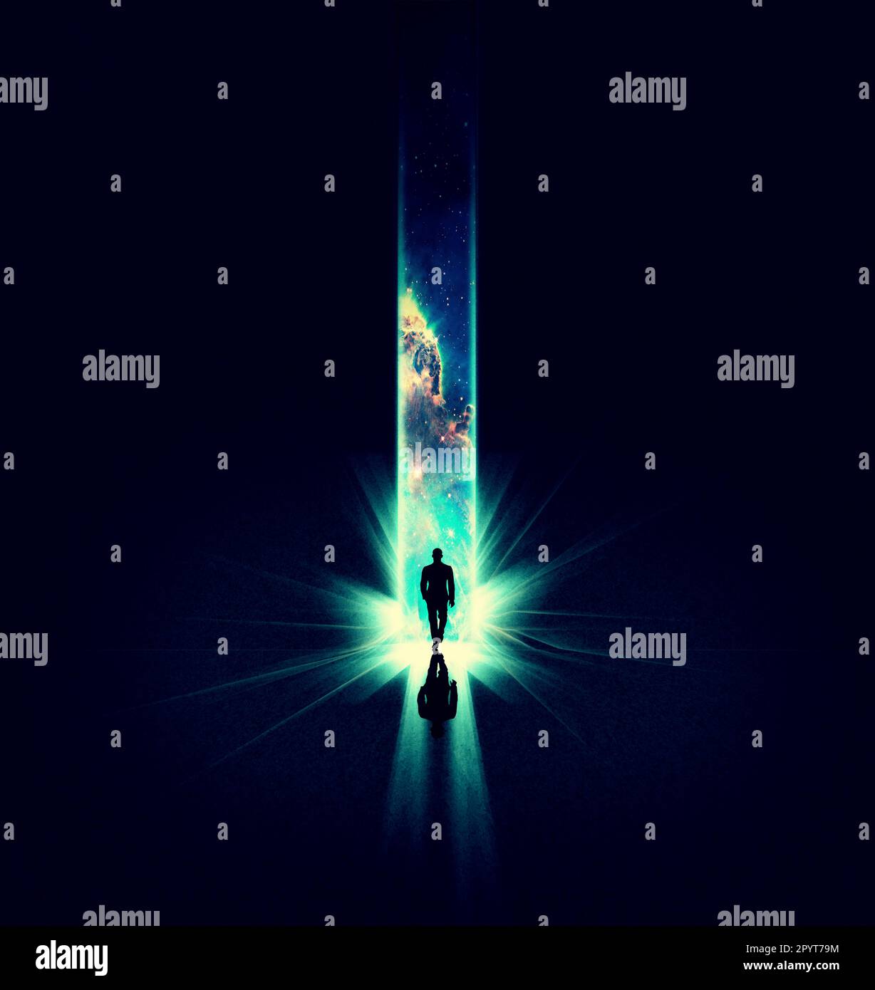 Light, fantasy and man with awareness, enlightenment and overlay with ...