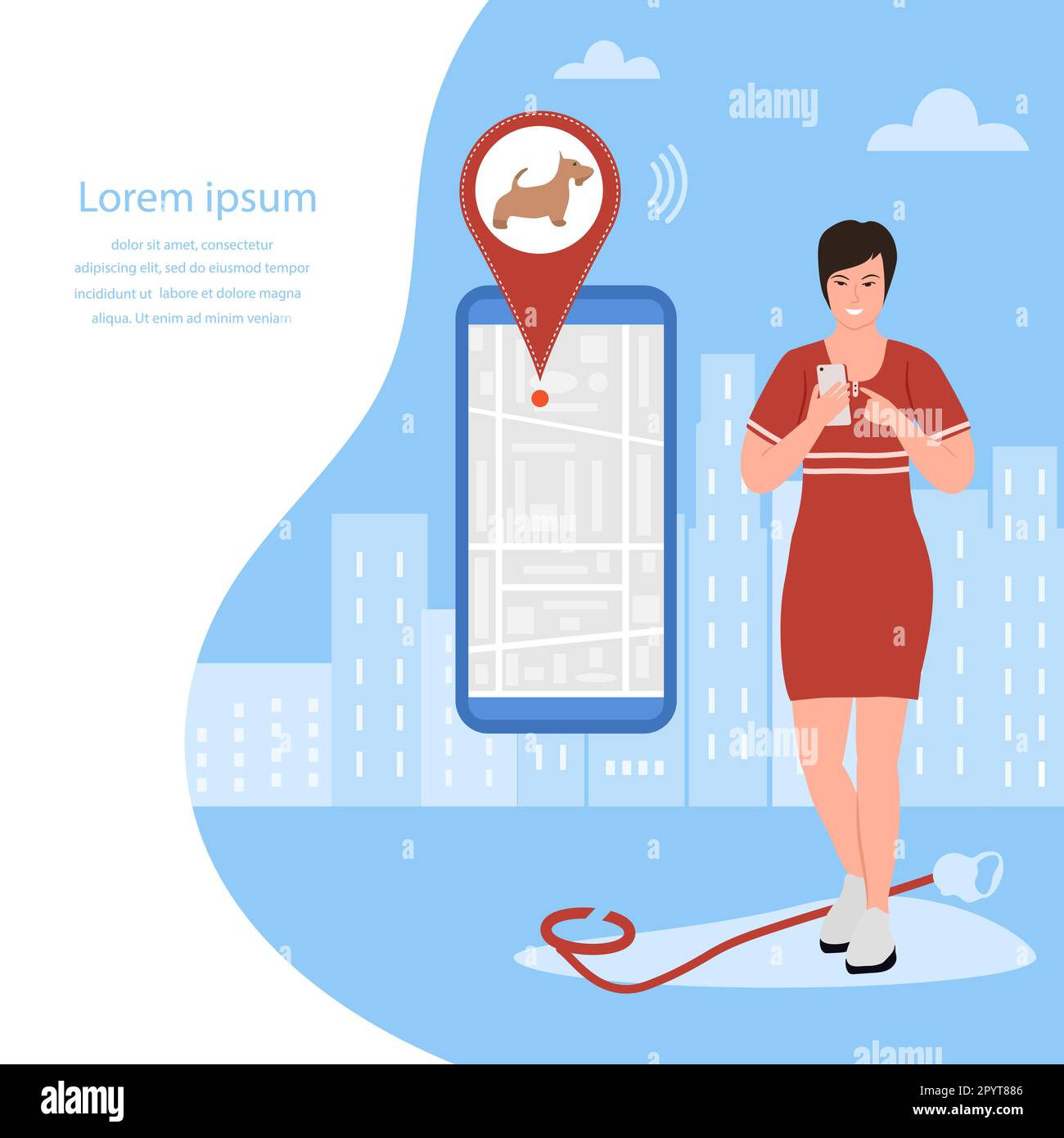 Vector illustration Woman uses application on cell phone for search the ...