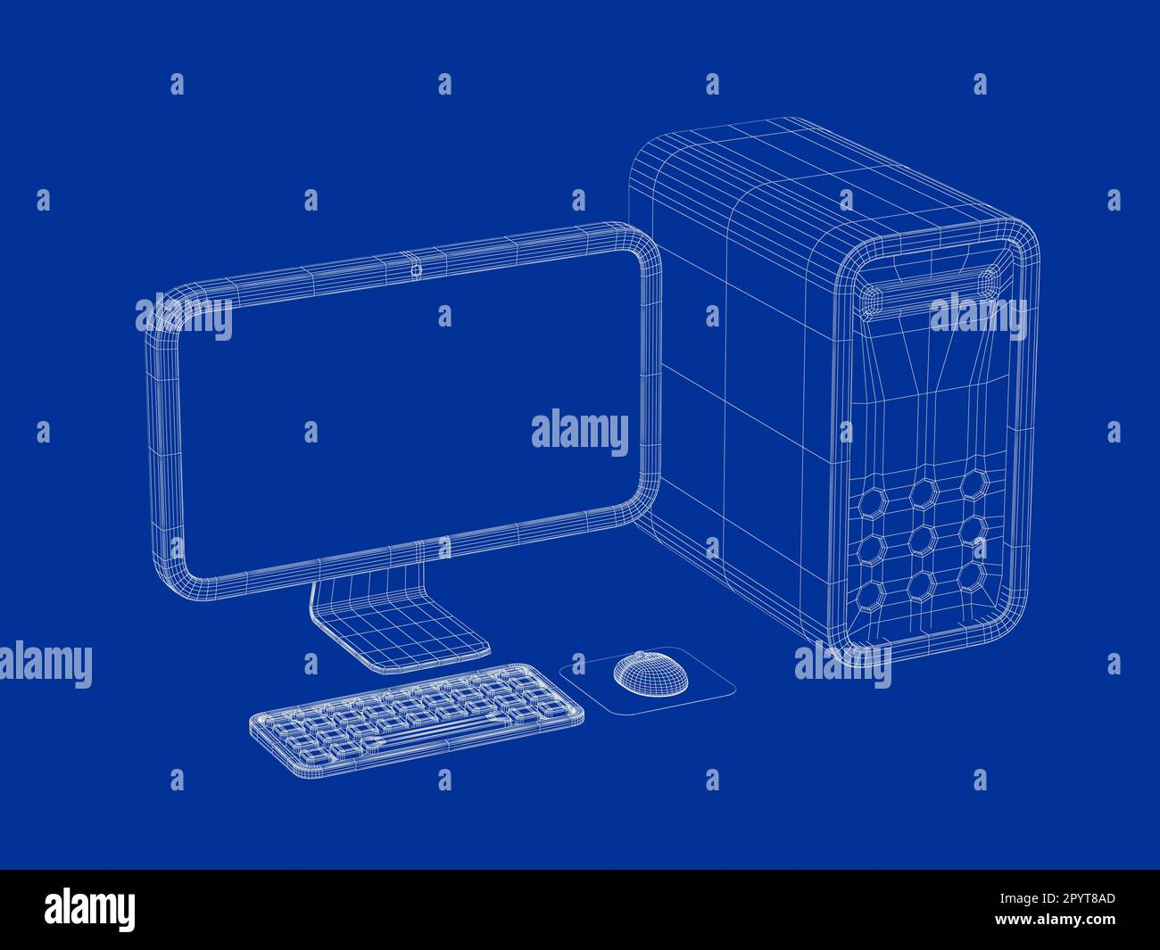 3D wire-frame model of simple desktop computer with monitor, keyboard ...