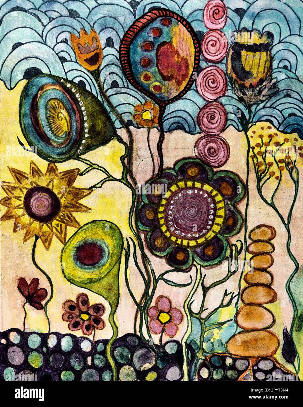 Whimsical landscape with doodles. The dabbing technique near the edges ...