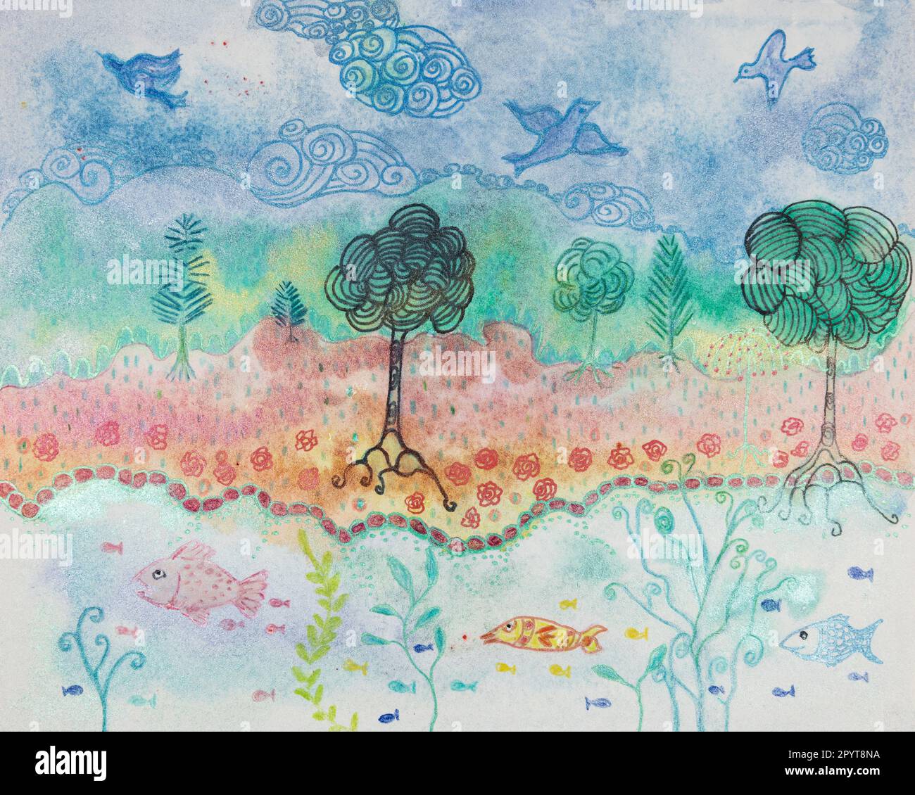Whimsical landscape with doodles. The dabbing technique near the edges ...