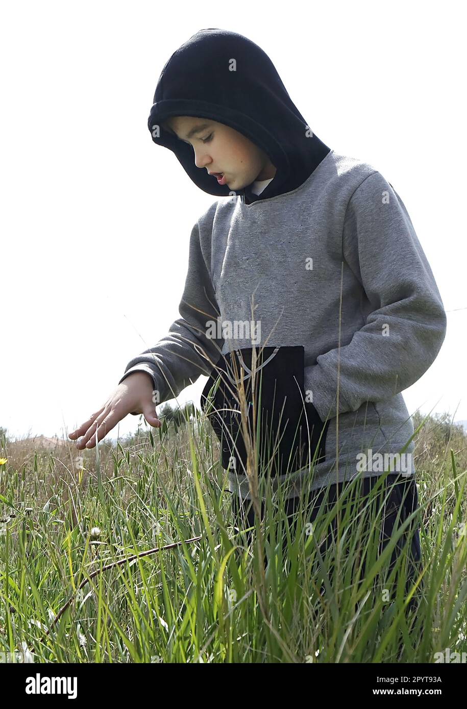 Boy standing and looking down at the fields Stock Photo - Alamy