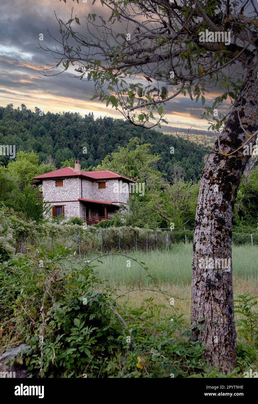 Farm house in Zarouhla village at winter. Acahia, Greece. Greek ...