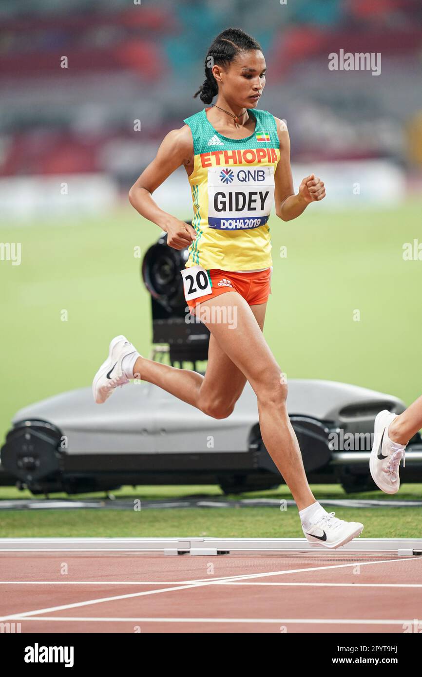 Letesenbet Gidey running the 10.000 m at the 2019 World Athletics ...