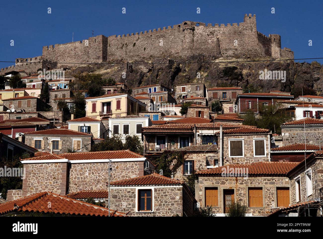 Greece, Northeastern Aegean, Lesvos island Molyvos town and castle ...