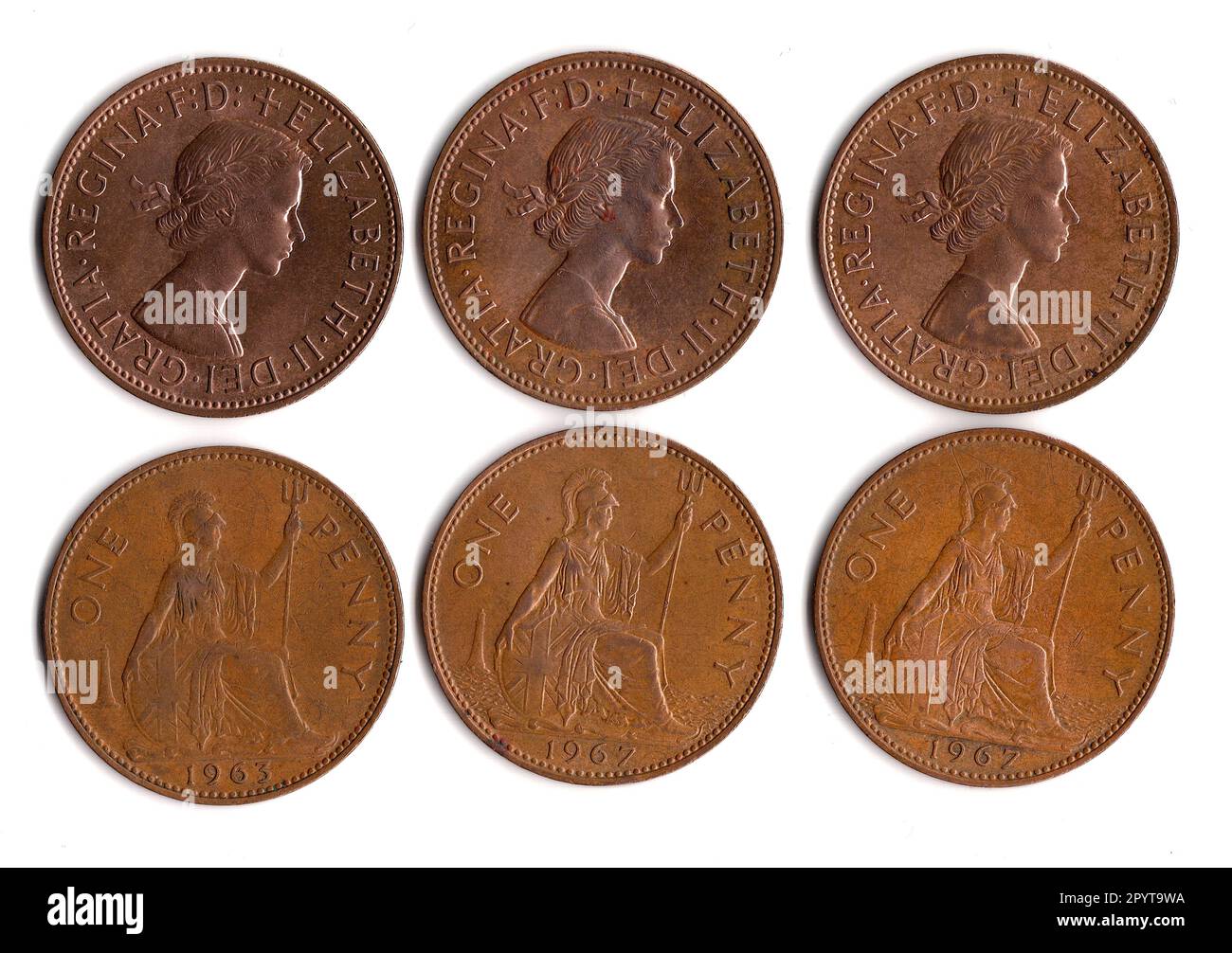 Queen Elizabeth II vintage penny pieces from Great Britain showing the ...
