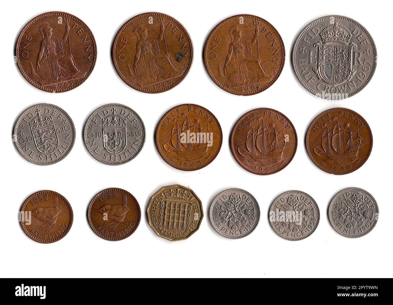 Queen Elizabeth II vintage coins from Great Britain showing the reverse ...