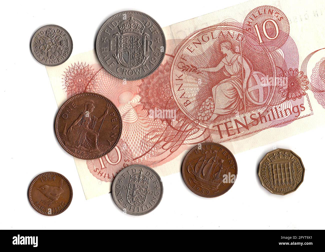 Queen Elizabeth II vintage coins and a ten shilling note from Great ...