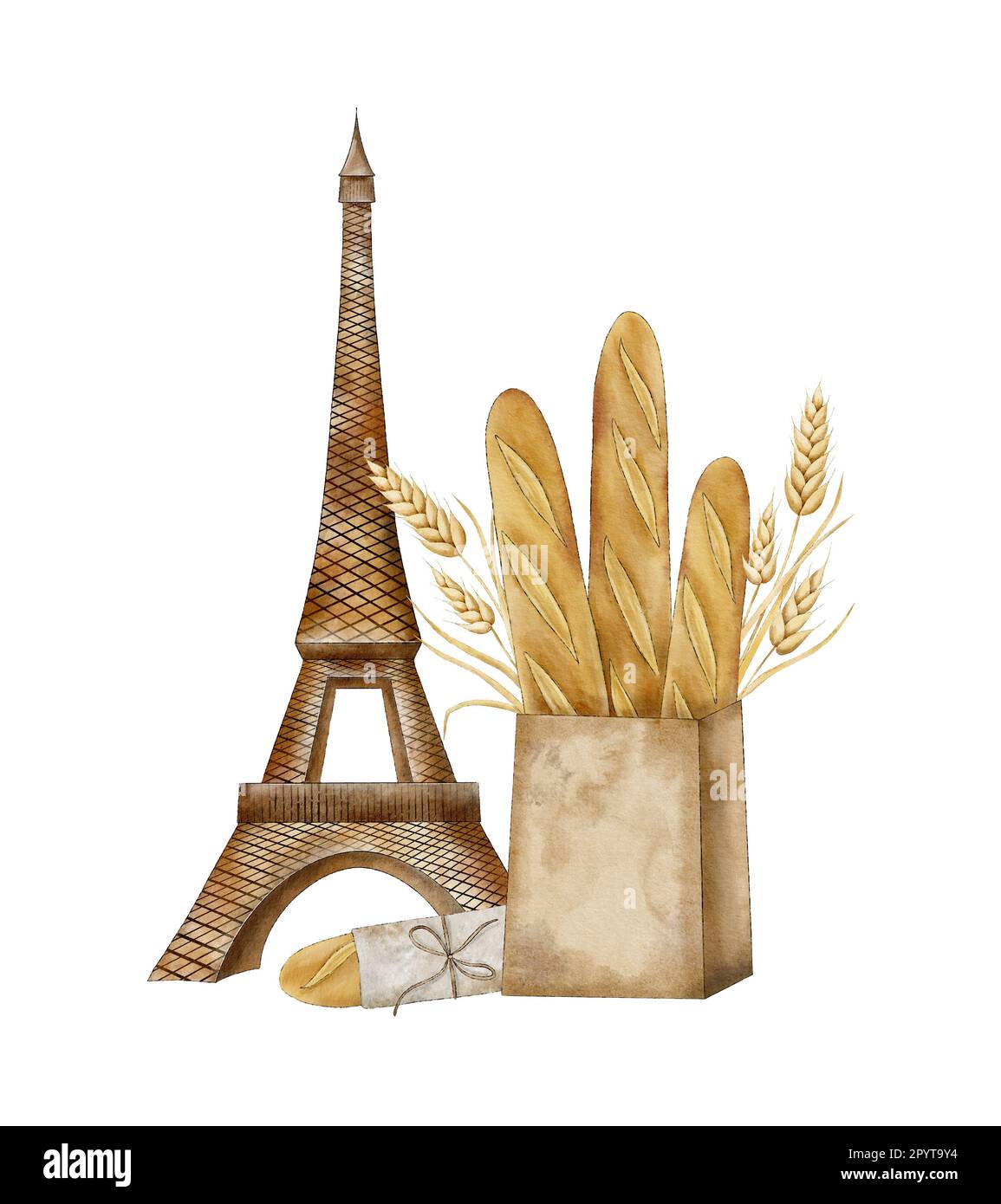 French baguettes in craft bag with bunch of spikelets of wheat, rye ...