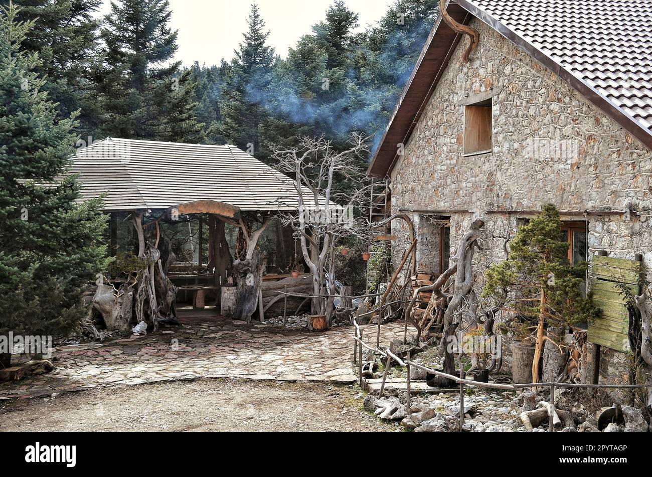 Wooden creations in the forest Stock Photo - Alamy