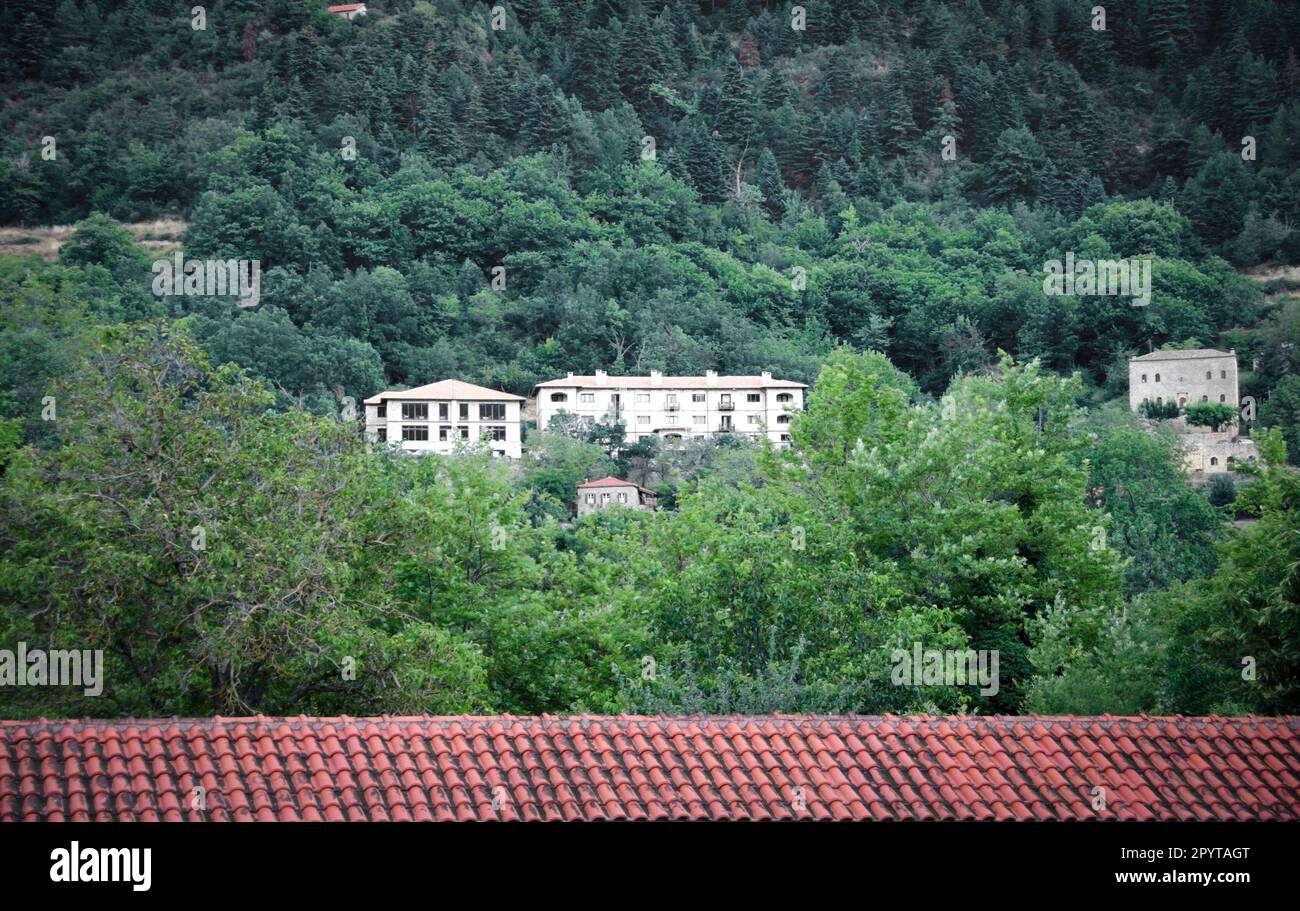 Buildings in Zarouhla village. Acahia, Greece. Greek mountainous ...