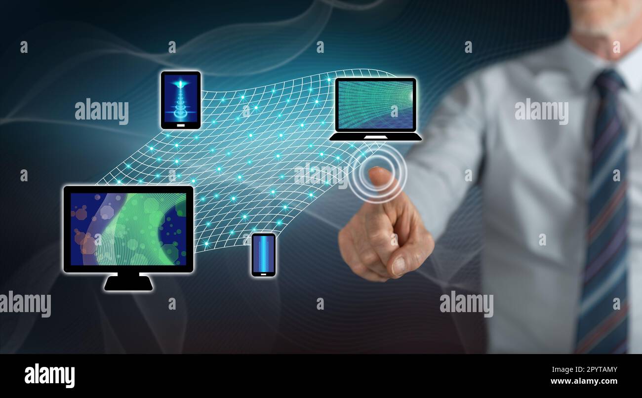 Man touching a device connection concept on a touch screen with his ...