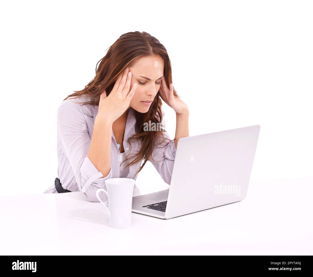 Isolated woman, headache and tired with laptop, overtime and mental ...