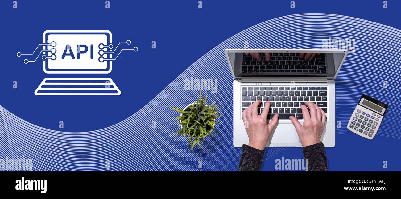 Top view of hands using laptop with symbol of api concept Stock Photo ...