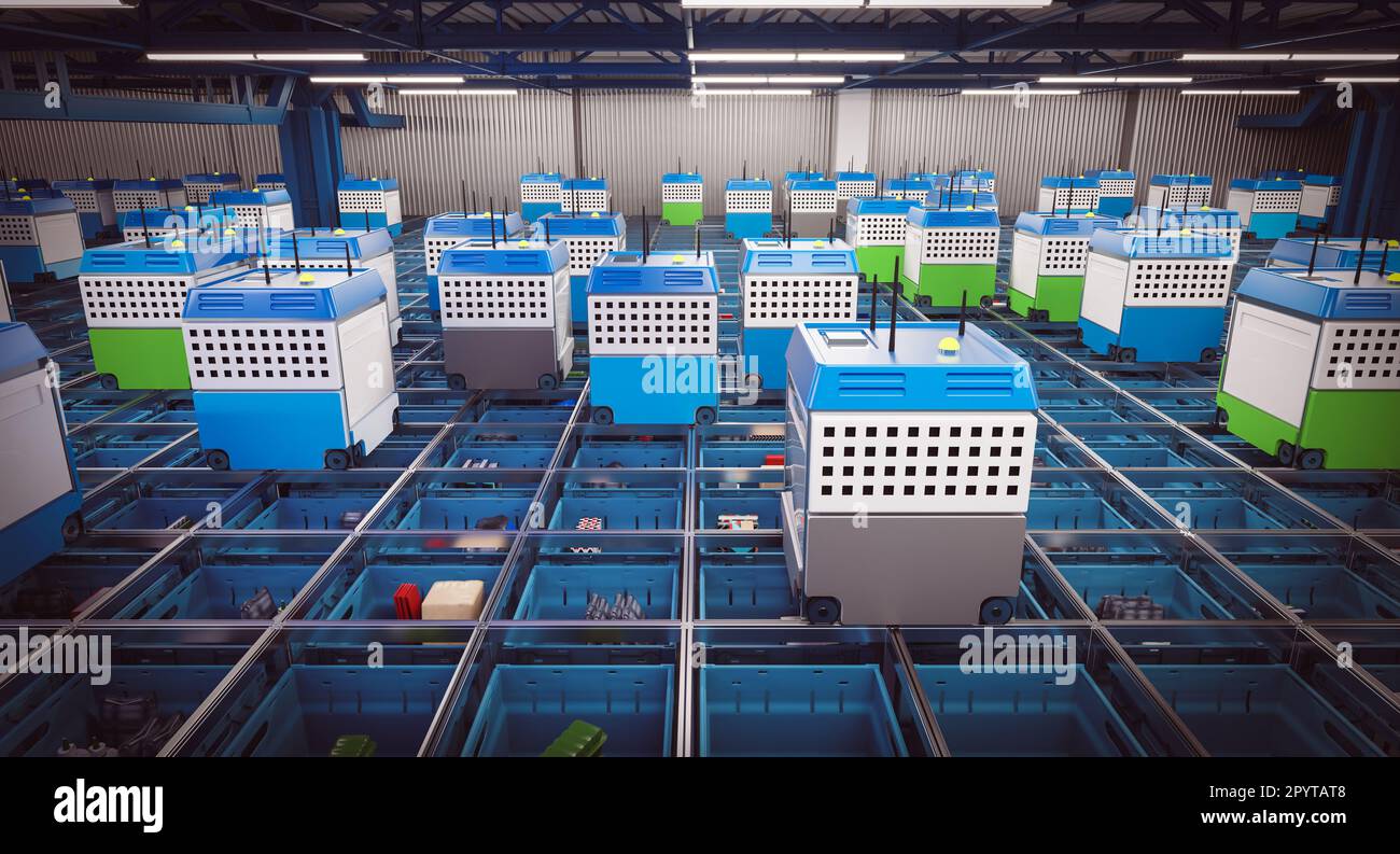 automated warehouse with robot vehicles transporting goods 3d render ...