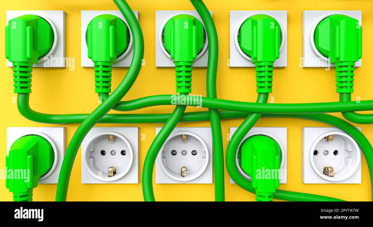 green Schuko plugs and yellow wall. 3d render background Stock Photo ...