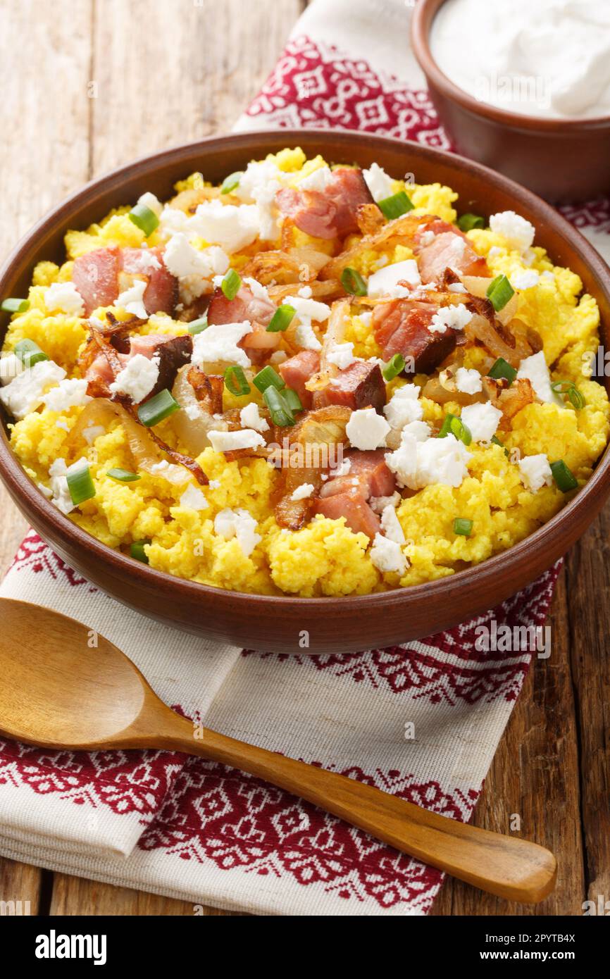 Delicious traditional Ukrainian banosh closeup on the bowl on the ...