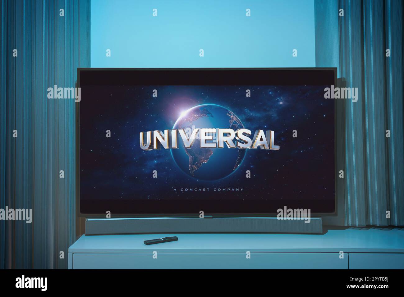 Kaunas, Lithuania - 2023 May 5: Universal pictures logo intro on TV ...