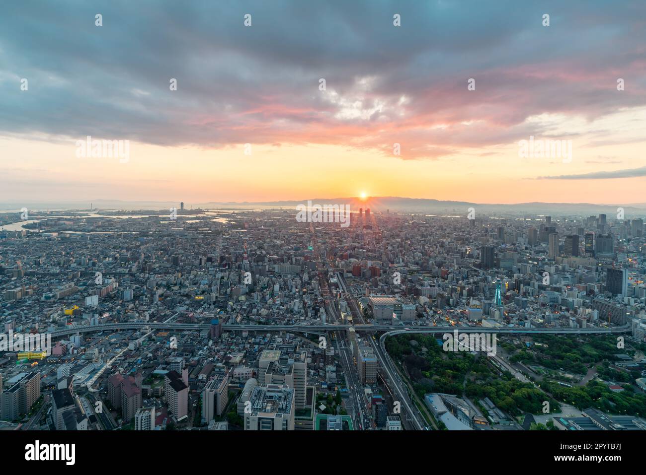 Sunset cityscape of Osaka skyline, aerial view from Harukas Stock Photo ...