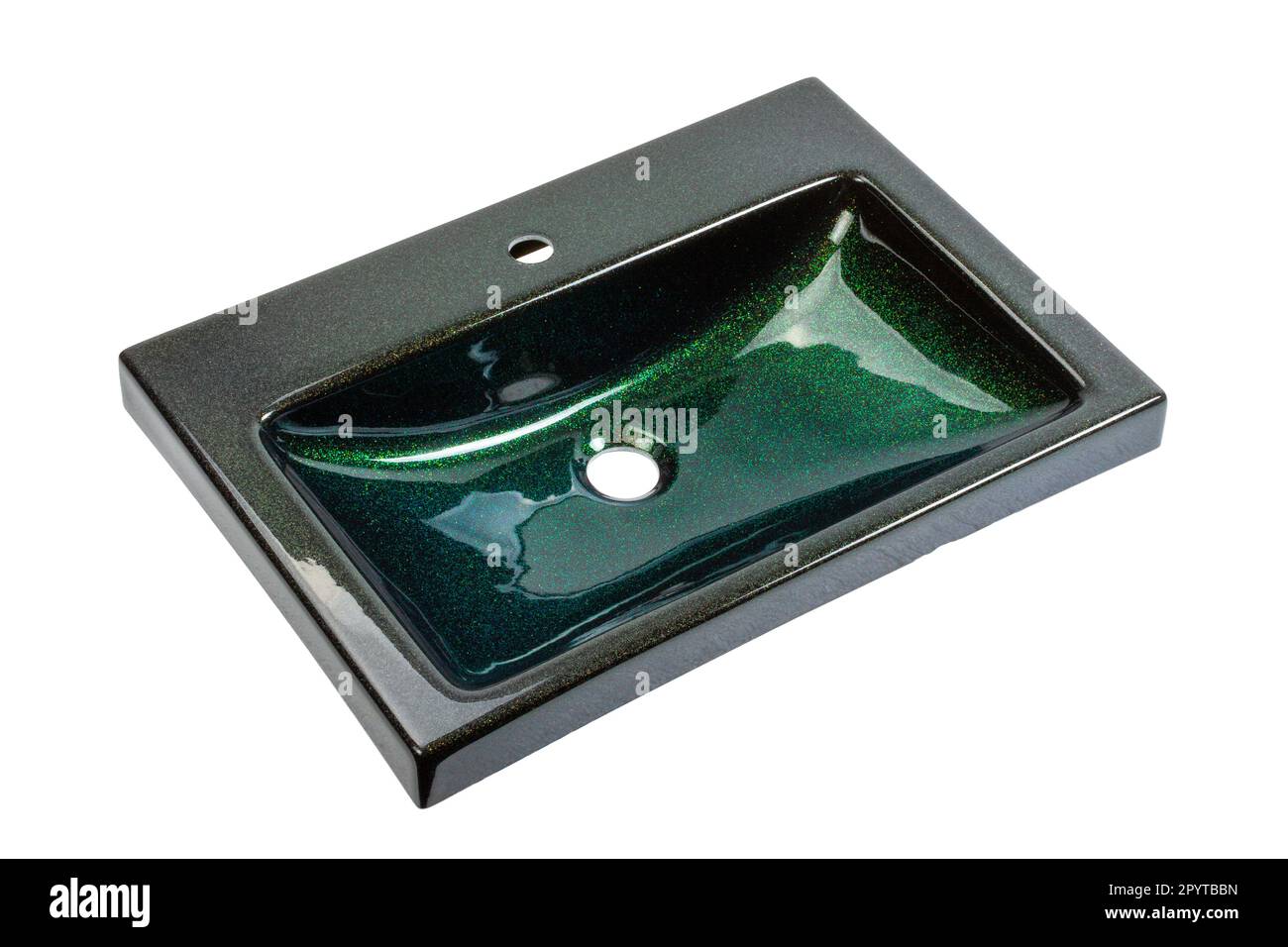 Acrylic sink in turquoise color isolated on white with metallic ...