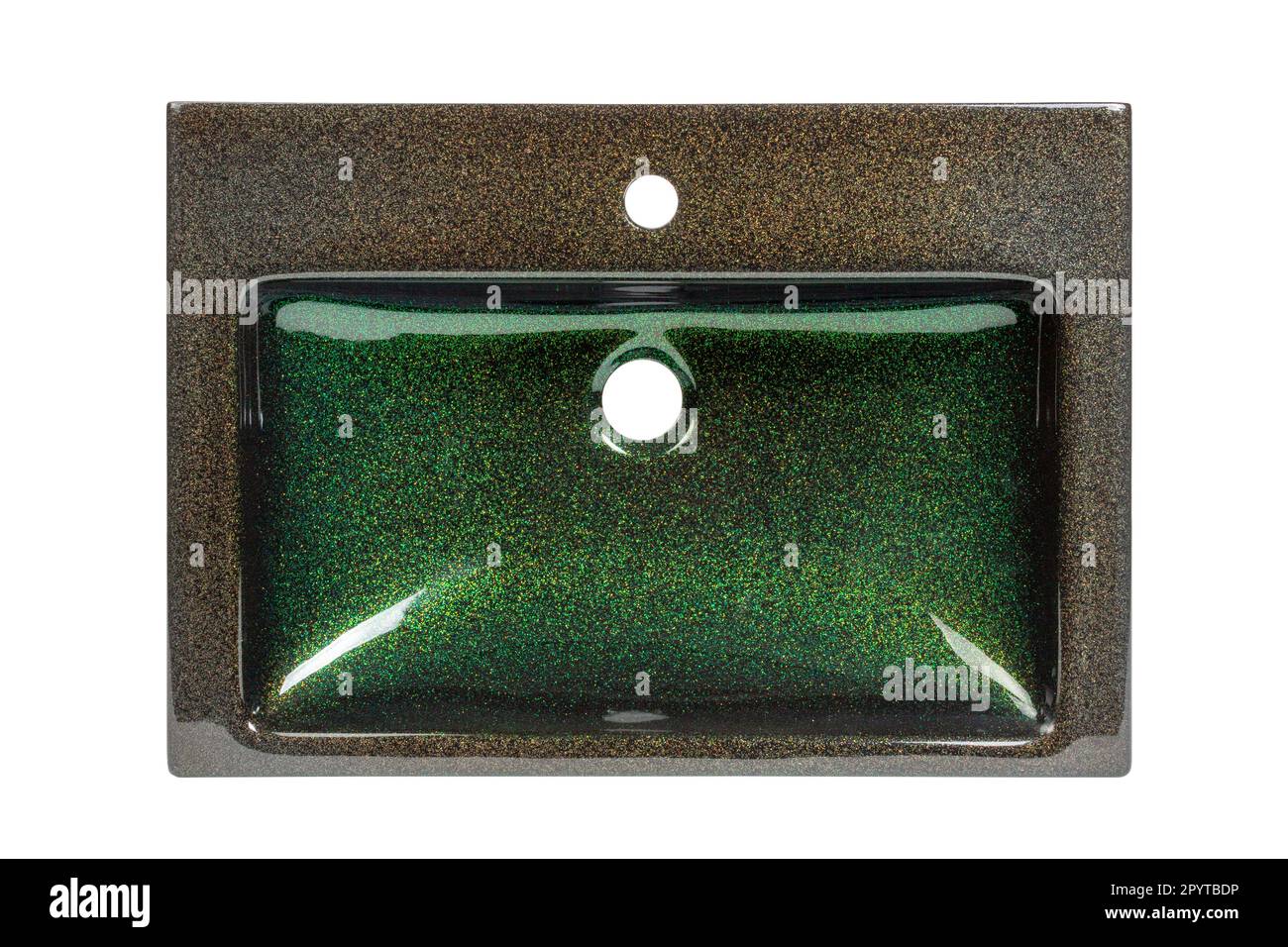 Acrylic sink in turquoise color isolated on white with metallic ...