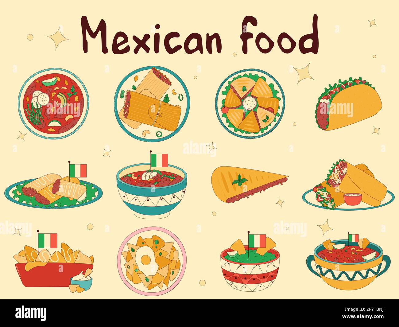 Set of Mexican traditional food. Vector illustration in hand drawn ...