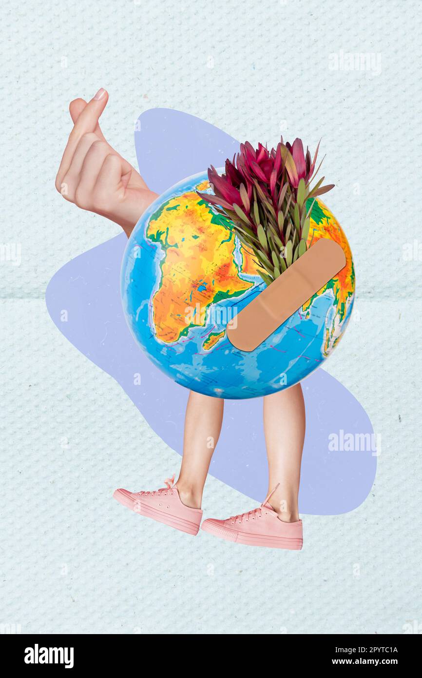 Vertical placard collage of headless person legs with body world globus ...