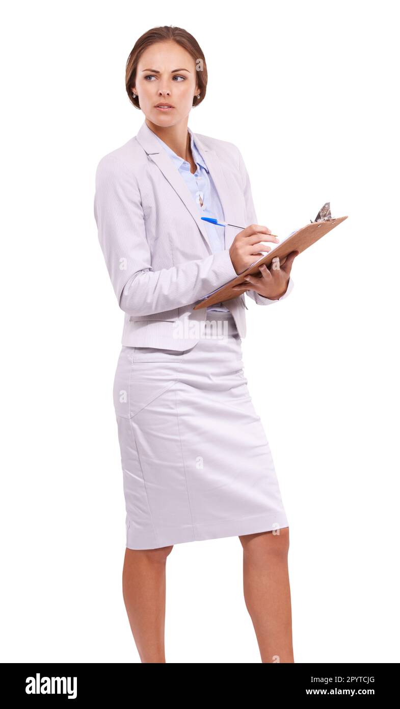 Isolated woman, writing checklist and thinking with vision, strategy ...