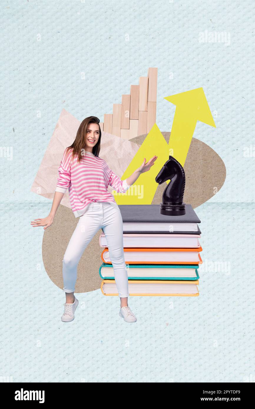 Picture template of young girl student celebrate her success pile books ...