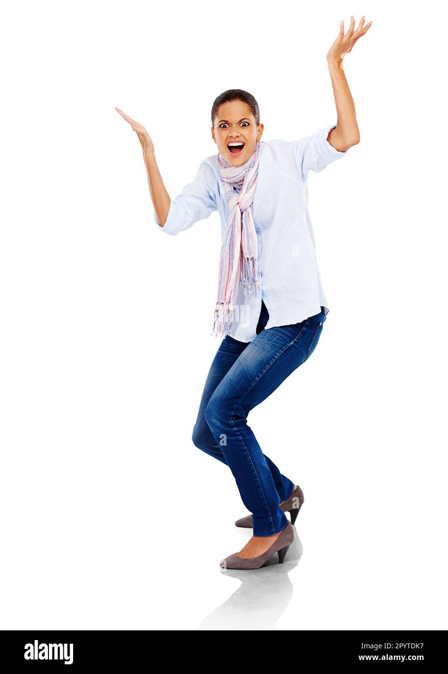 Portrait, confused and angry shock with a woman frustrated from news ...