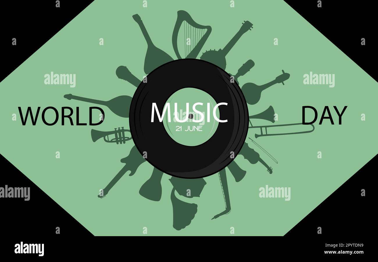 World Music Day with vinyl disc and Different musical instruments ...