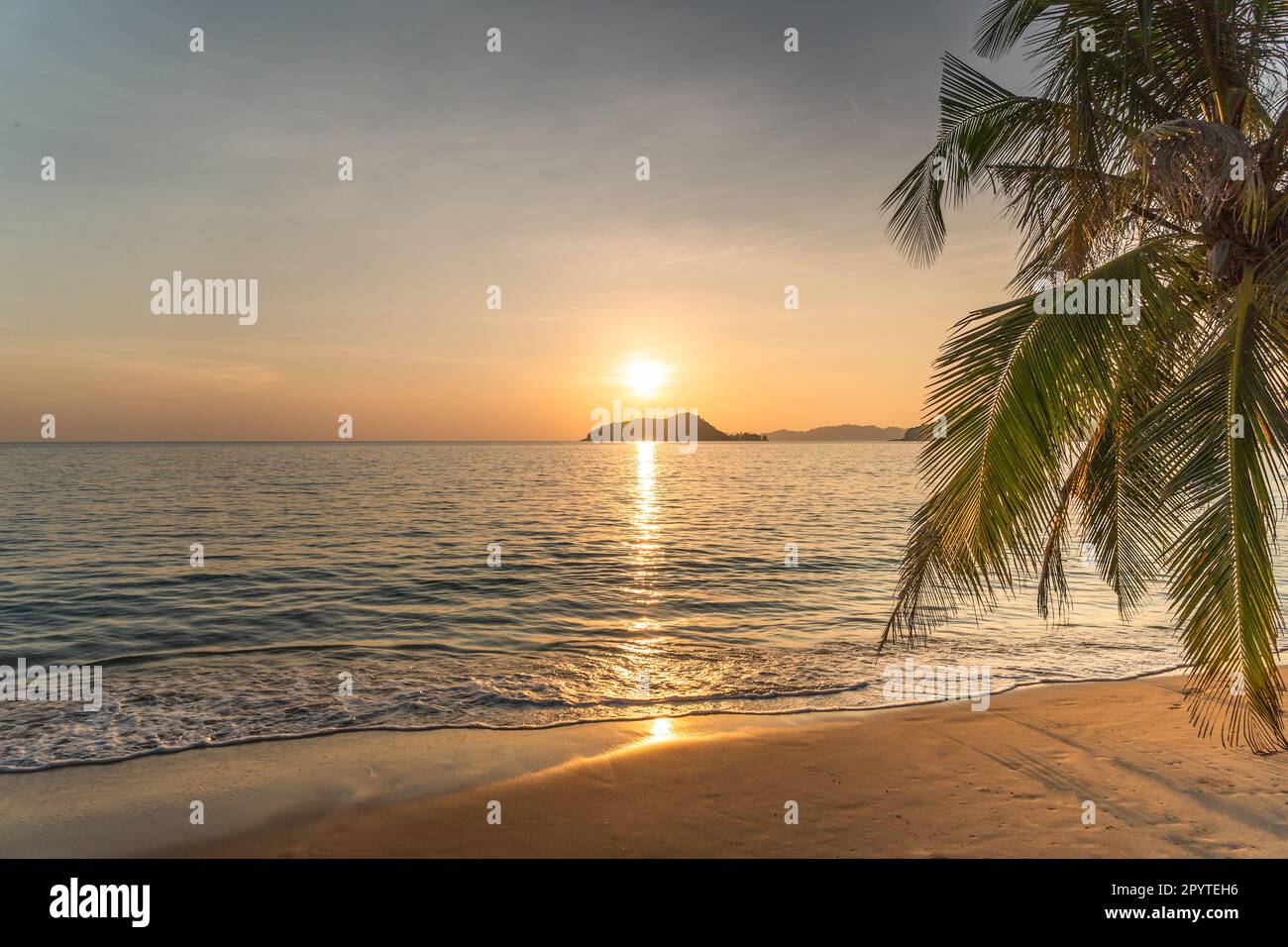 Golden hour at sunset on tropical beach Stock Photo - Alamy