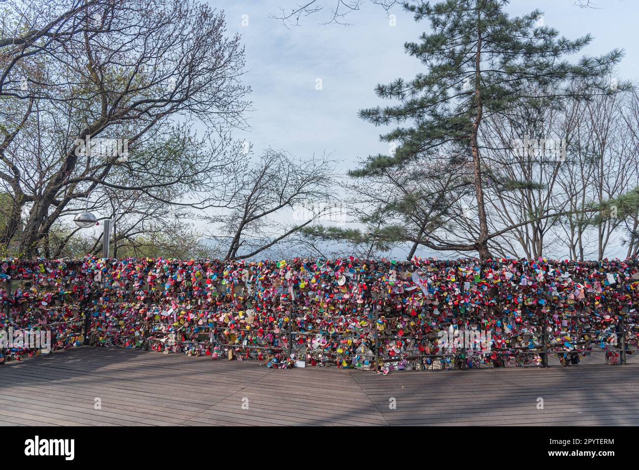 Many of Love Locks on the fence in Seoul tower. South Korea Stock Photo ...