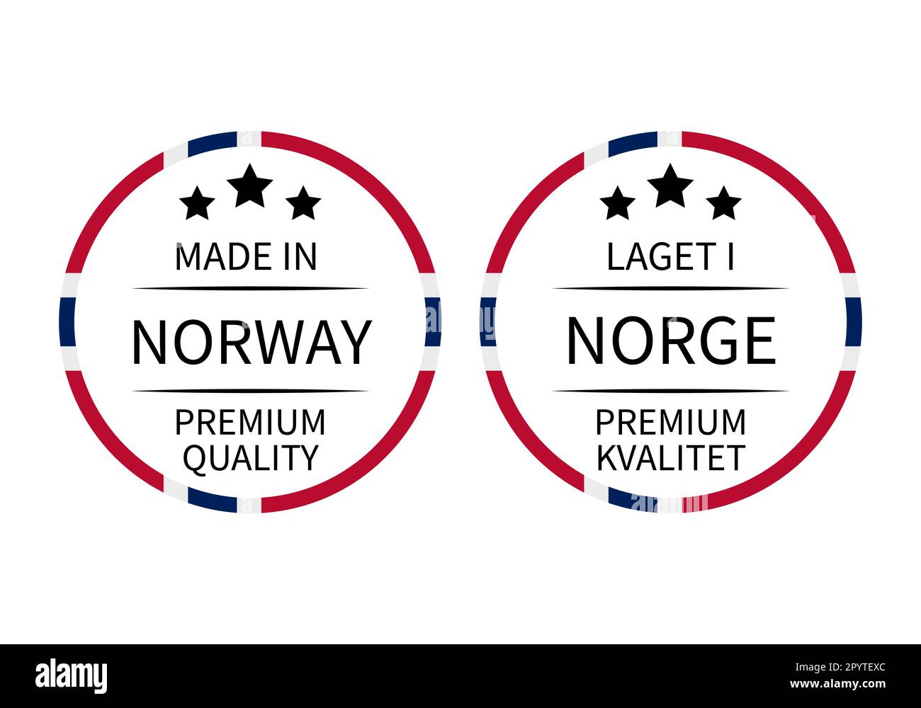 Made in Norway round labels in English and in Norwegian languages ...