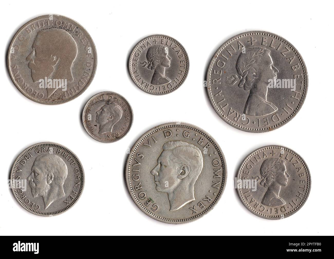 20th century silver vintage coins from Great Britain showing the front ...